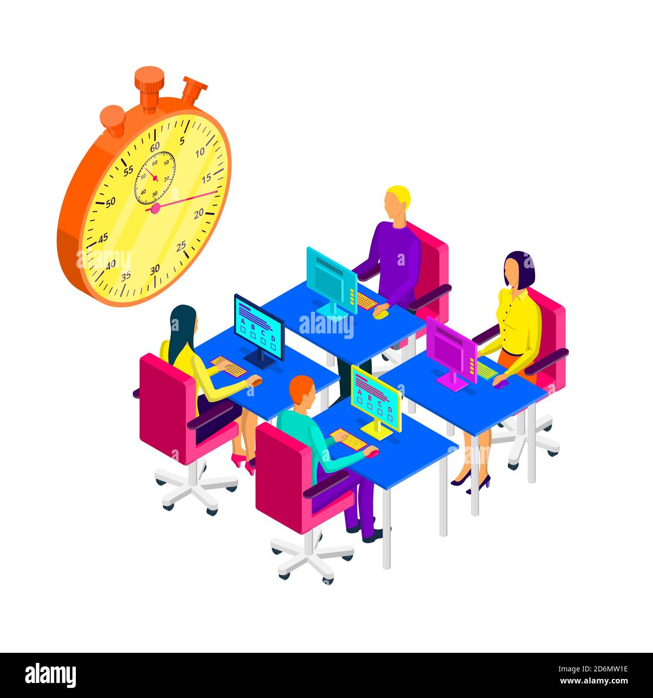 Students pass exam test, vector isometric illustration. Online learning ...