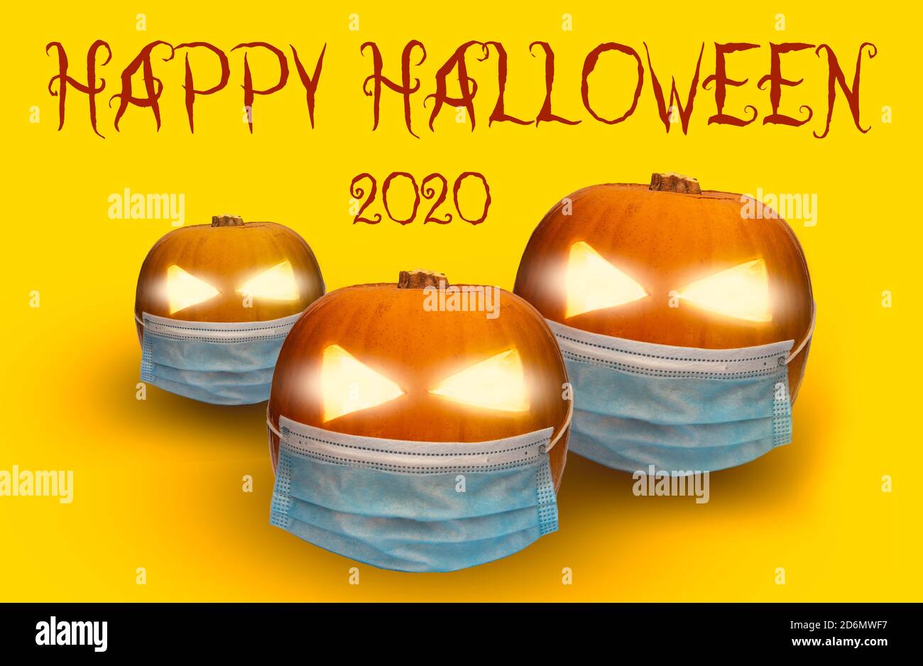 Background for Halloween 2020, spooky pumpkins wearing face masks ...