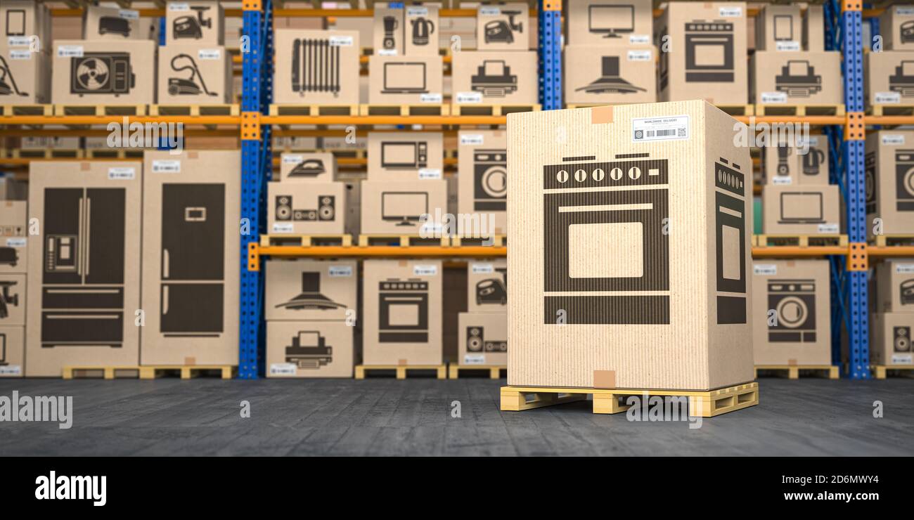 Cardboard box with gas cooker in warehouse with household appliances ...