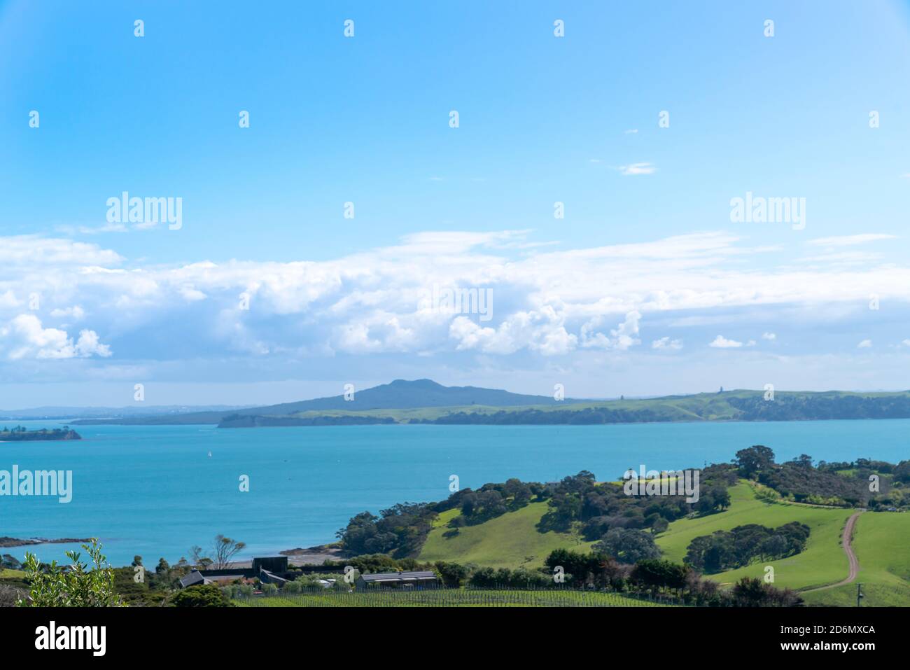 View across Auckland harbour to Rangitoto Island from from Waiheke ...