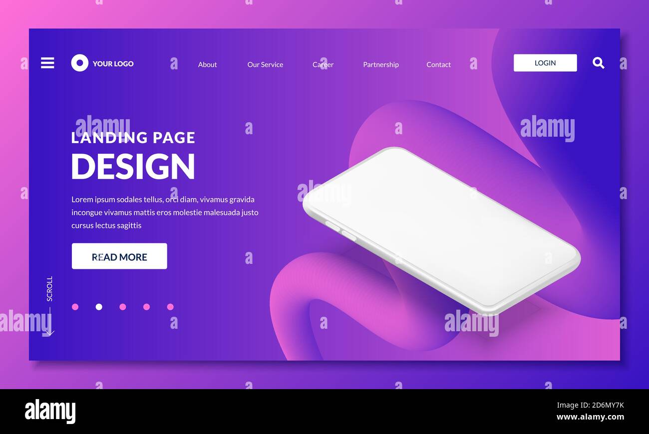 Landing page, web banner design template. White blank screen smartphone realistic 3d isometric ...