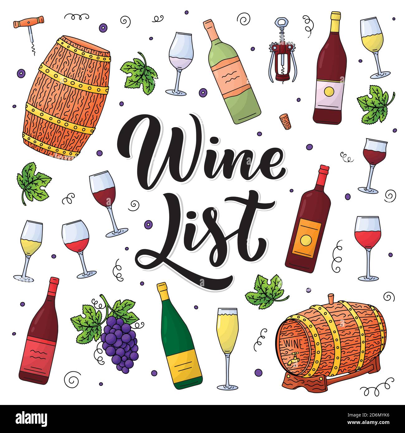 Wine list, label or package design elements. Vector doodle style ...