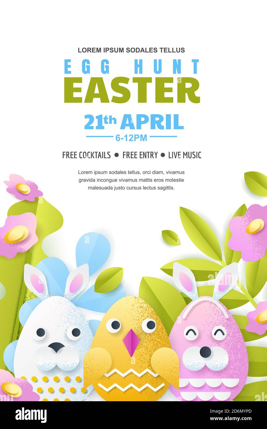 Egg hunt Easter vertical poster layout with place for text. Vector ...