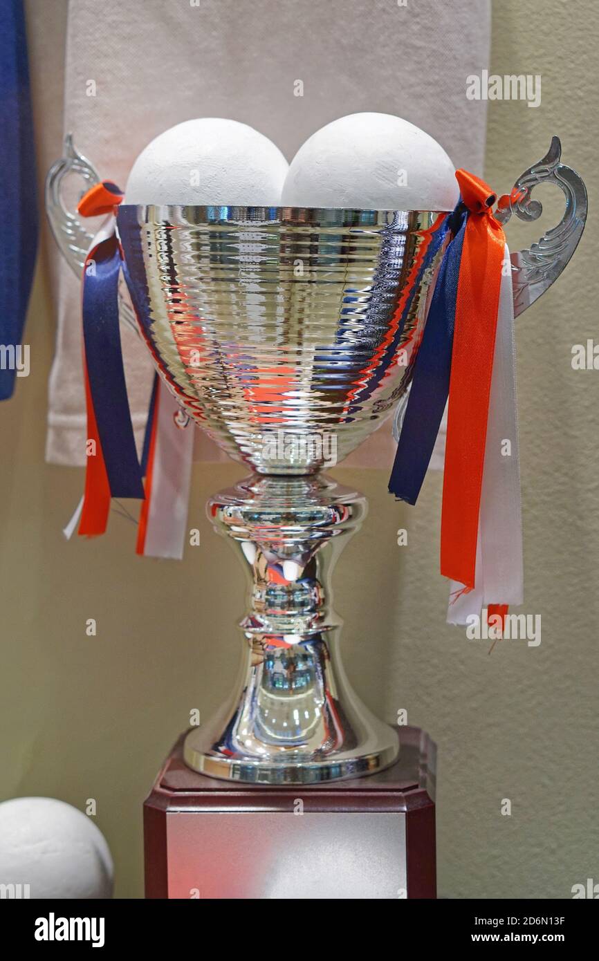 Silver trophy with ribbons sport cup award medal Stock Photo - Alamy