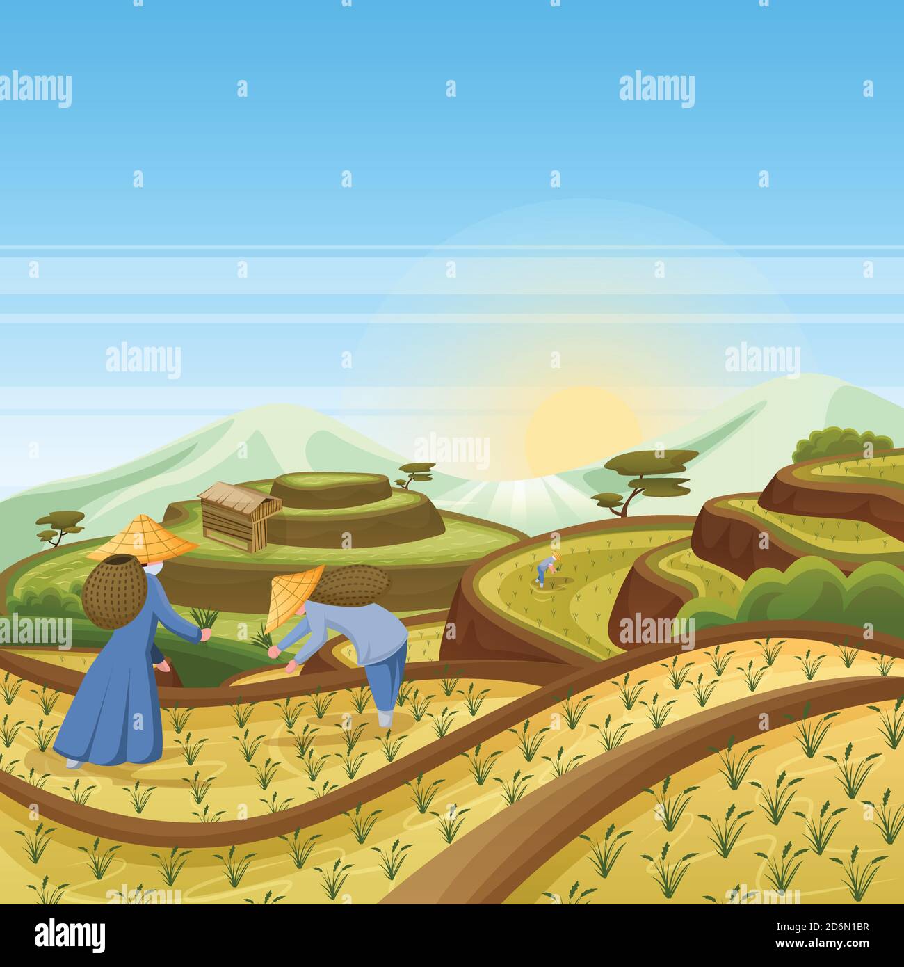 Asian landscape background with green rice terrace fields. People ...