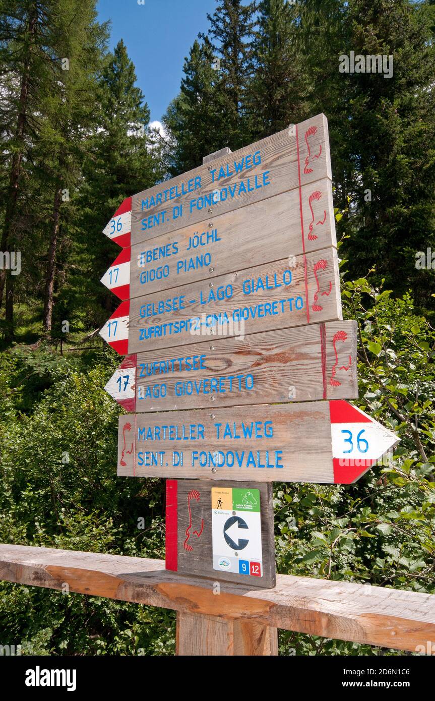 Wooden path signs in Martell Valley (Martelltal), Bolzano, Trentino ...
