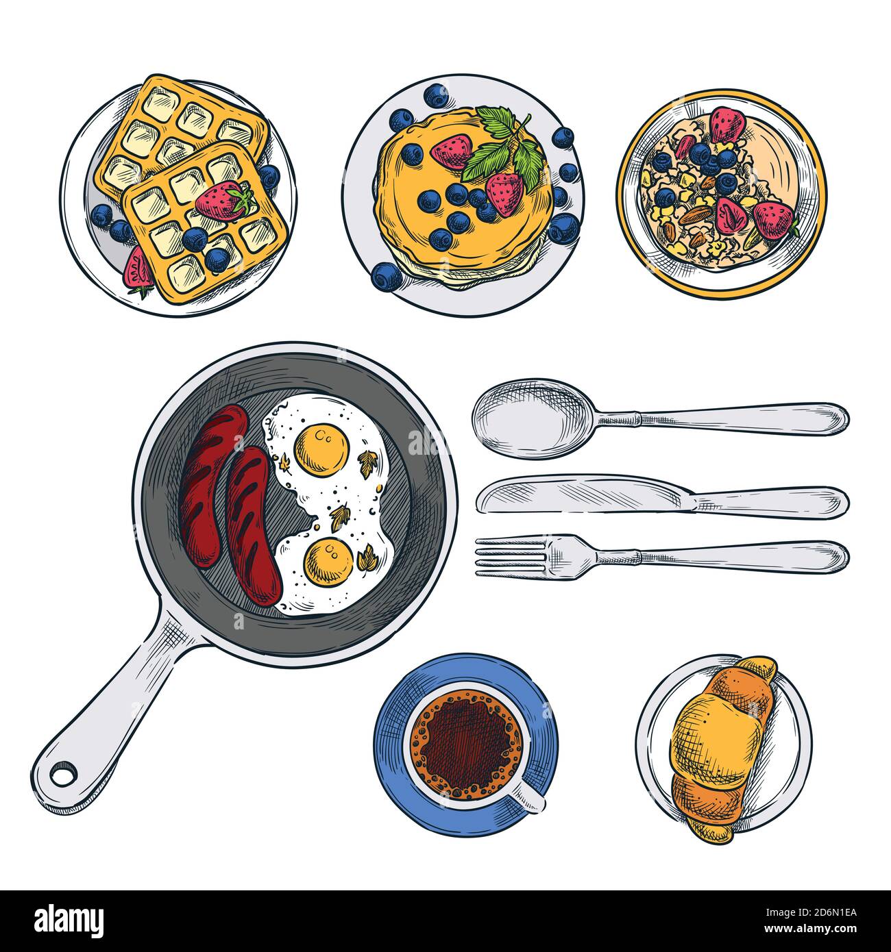 Cooking breakfast, vector top view color sketch illustration. Set of ...