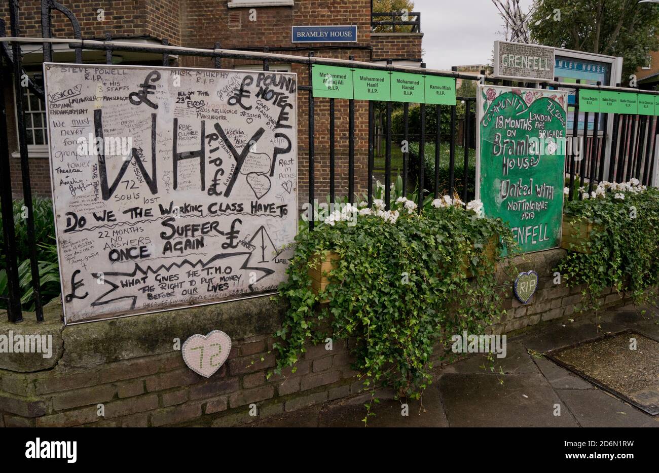 Signs commemorating the Grenfell Tower fire disaster and demanding ...