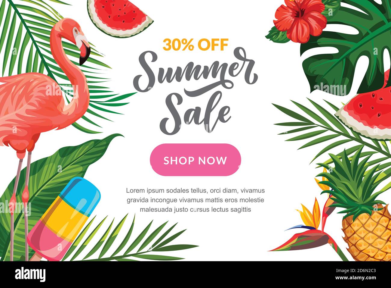 Summer vector white background with flamingo, palm tropical leaves ...