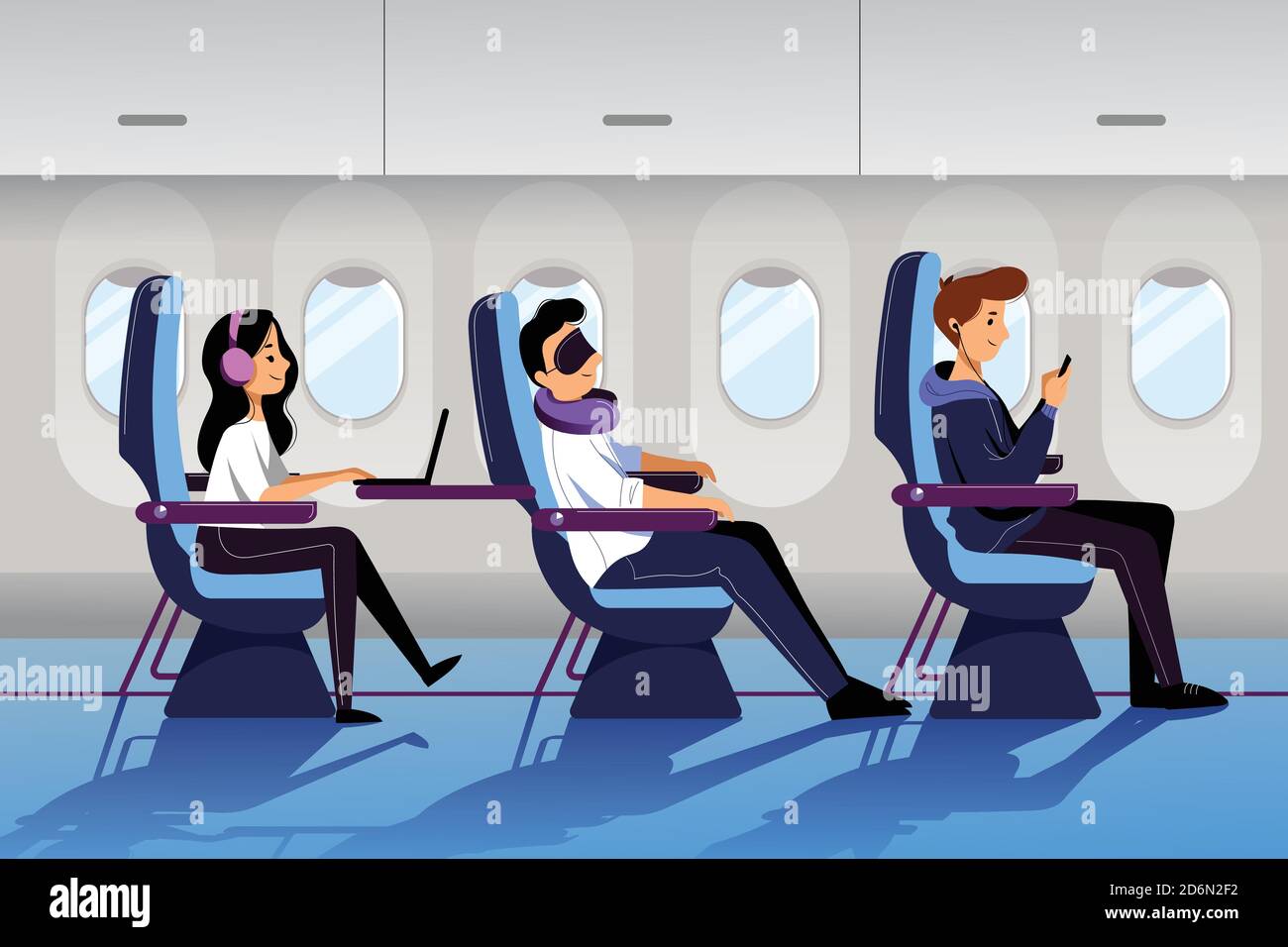 People travel by airplane in economy class. Plane interior with ...