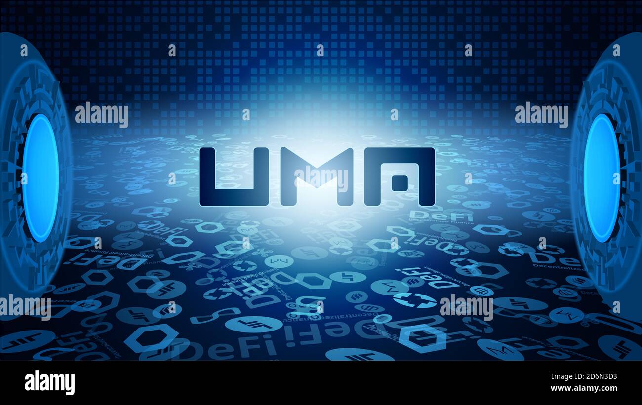 UMA token symbol of the DeFi system shining in the rays of light ...