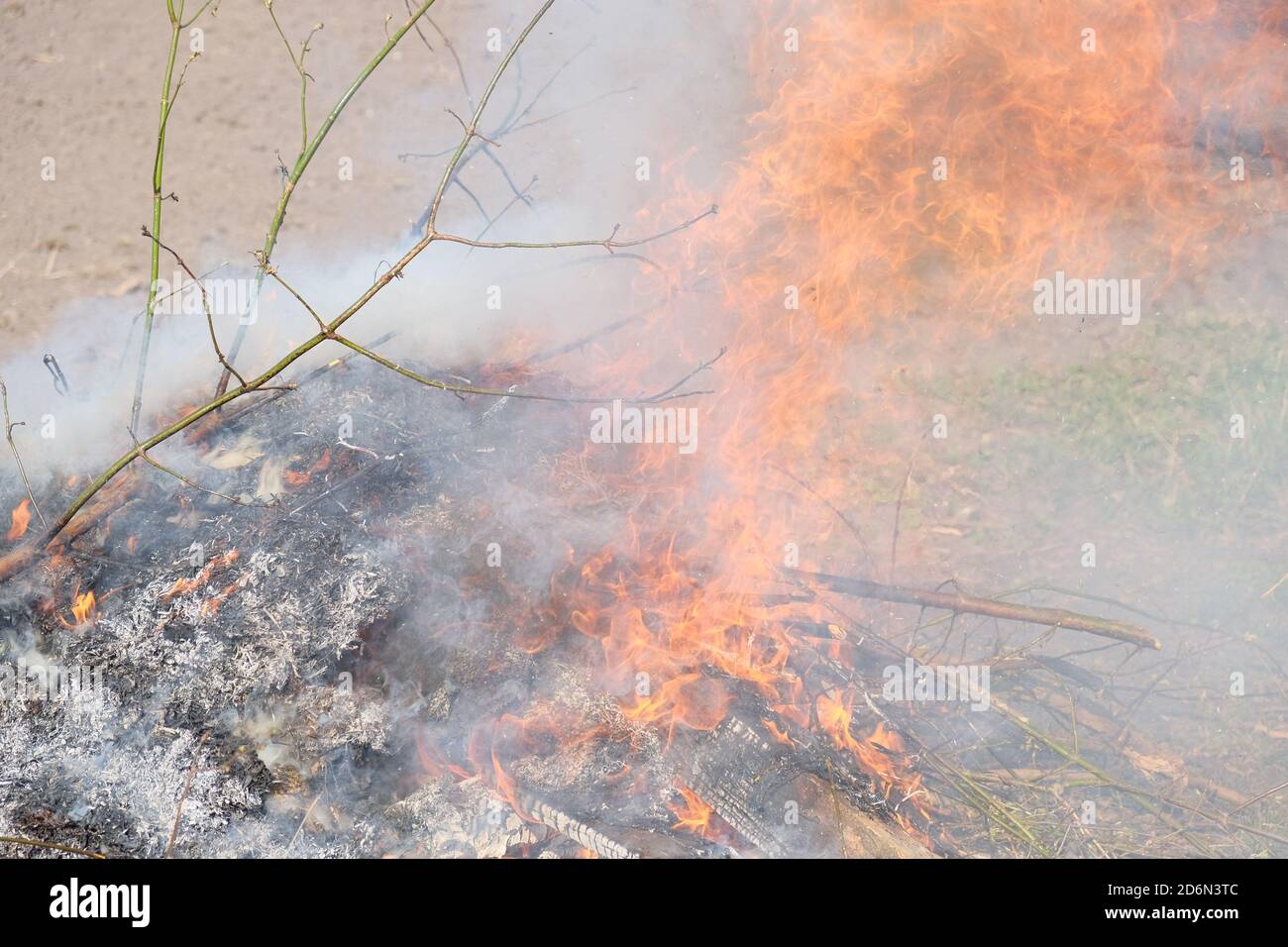 Big bonfire in the open air. A pile of ash from burnt boards and ...