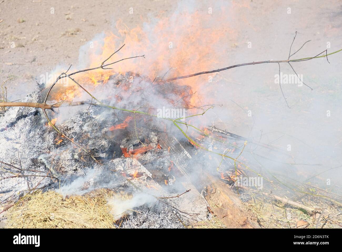 Big bonfire in the open air. A pile of ash from burnt boards and ...