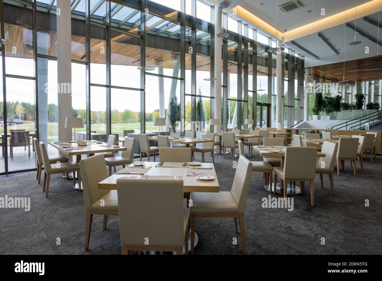 Group of tables served for guests of luxurious restaurant inside ...