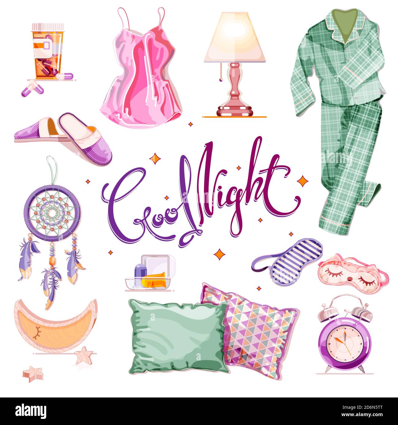 Bedtime and bedroom design elements collection, isolated on white ...