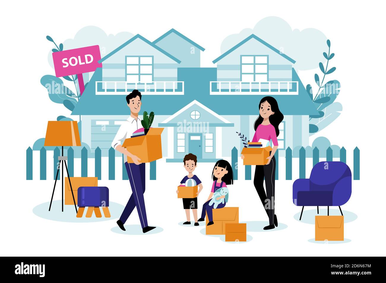 Young happy family with two kids move to their new house. Vector flat ...