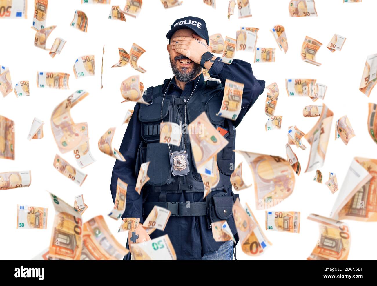 Young handsome man wearing police uniform smiling and laughing with ...