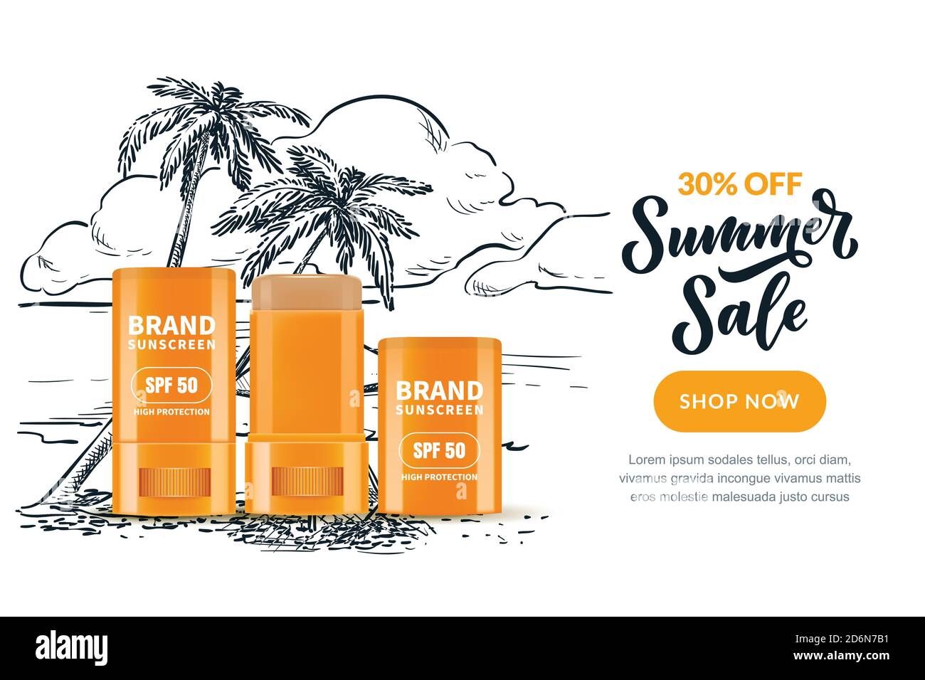 Summer cosmetic sale banner, poster design template with sketch beach ...