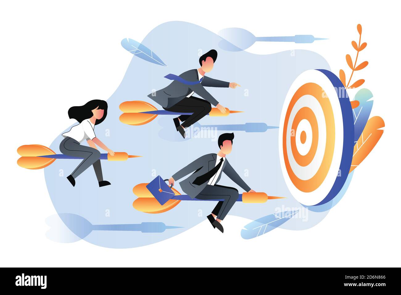 Business goal achievement concept. Vector flat cartoon illustration. Business people fly on ...
