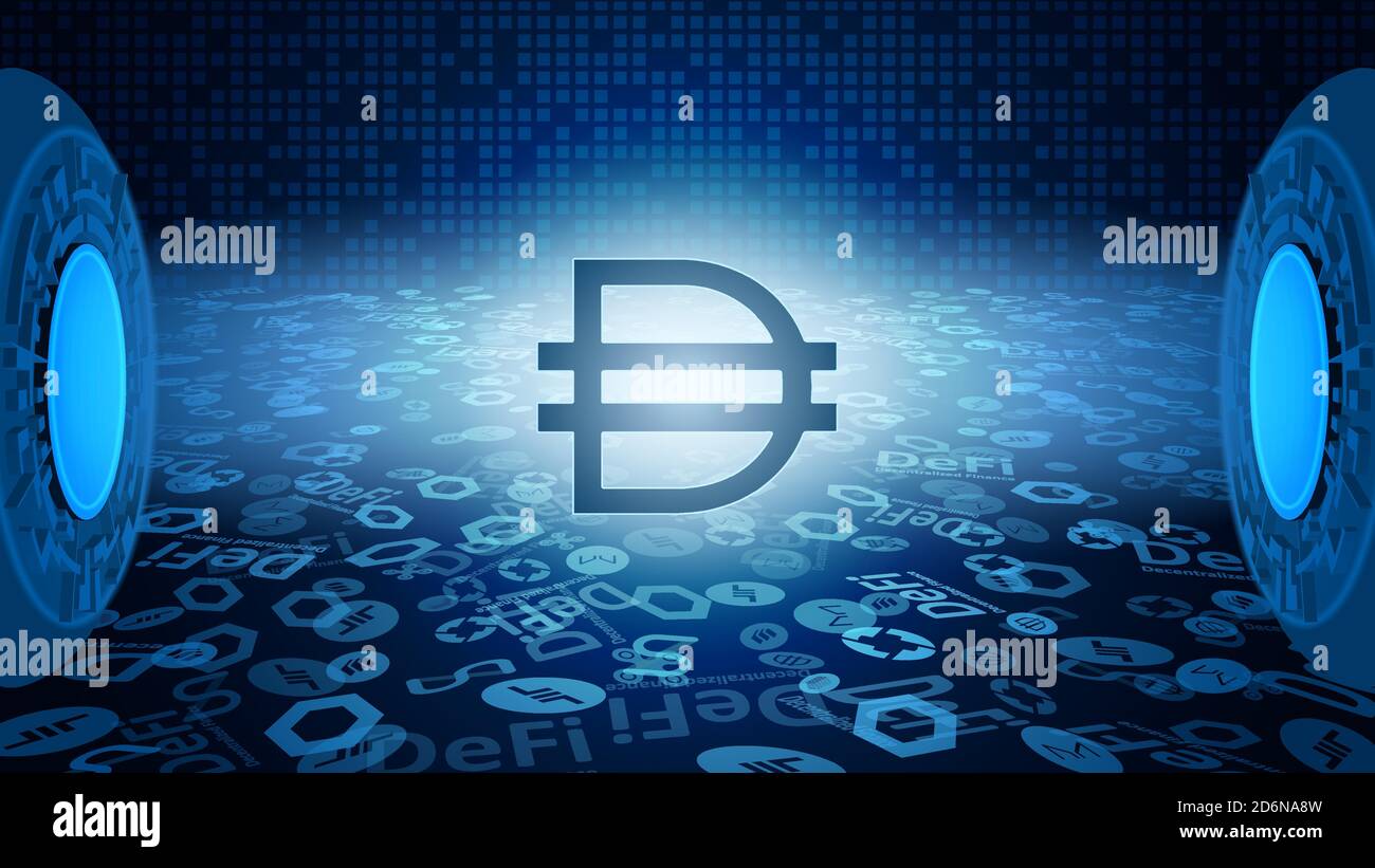 DAI token symbol of the DeFi system shining in the rays of light ...