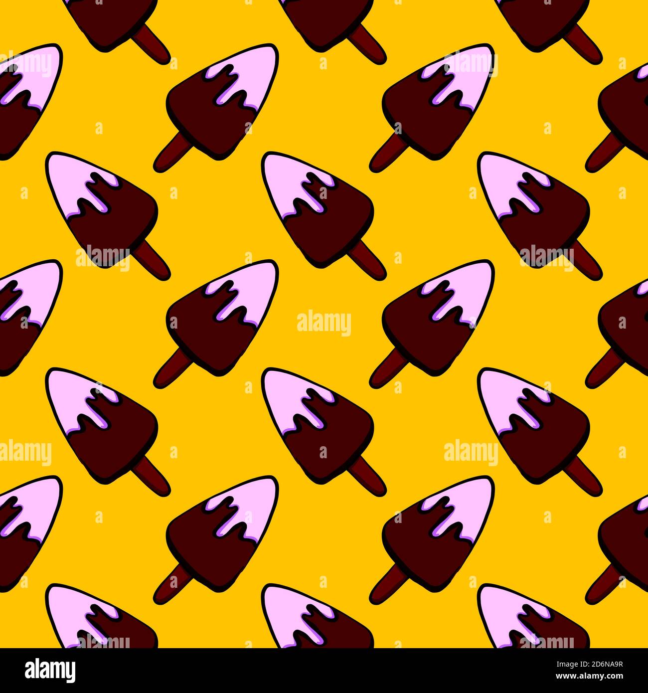 Chocolate ice cream on a stick, seamless pattern on yellow background ...