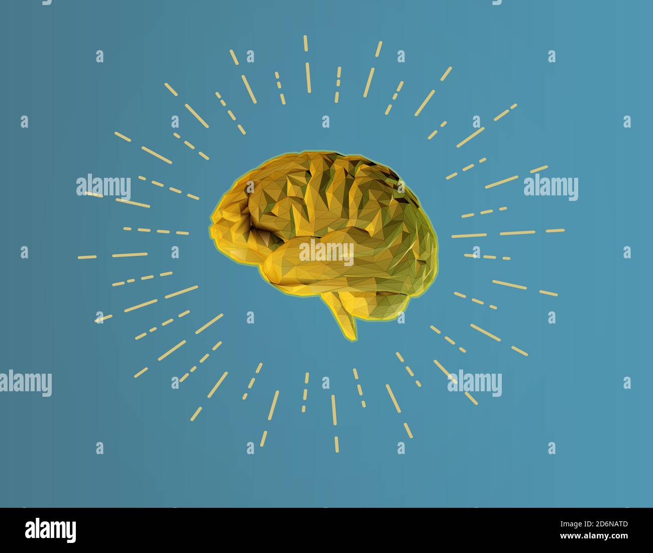 Golden low poly brain illustration on green turquoise background with ...