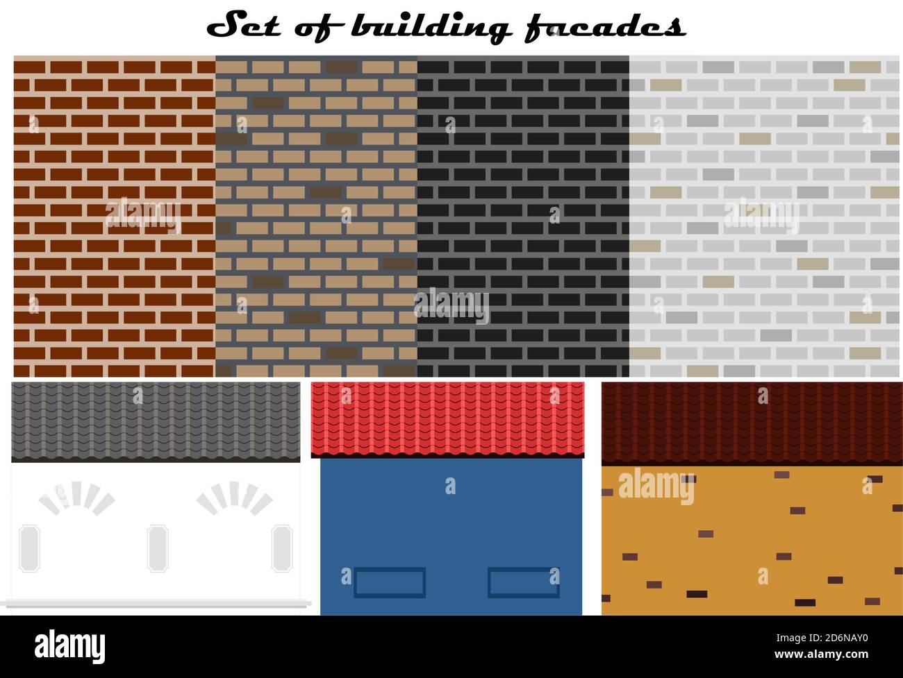 A set of brick facades of buildings with classic elements and a tiled ...