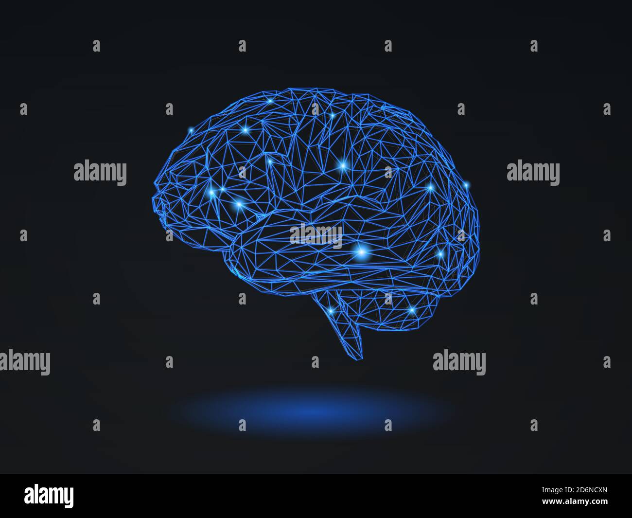 Low poly wireframe brain with connection dots glowing on black ...
