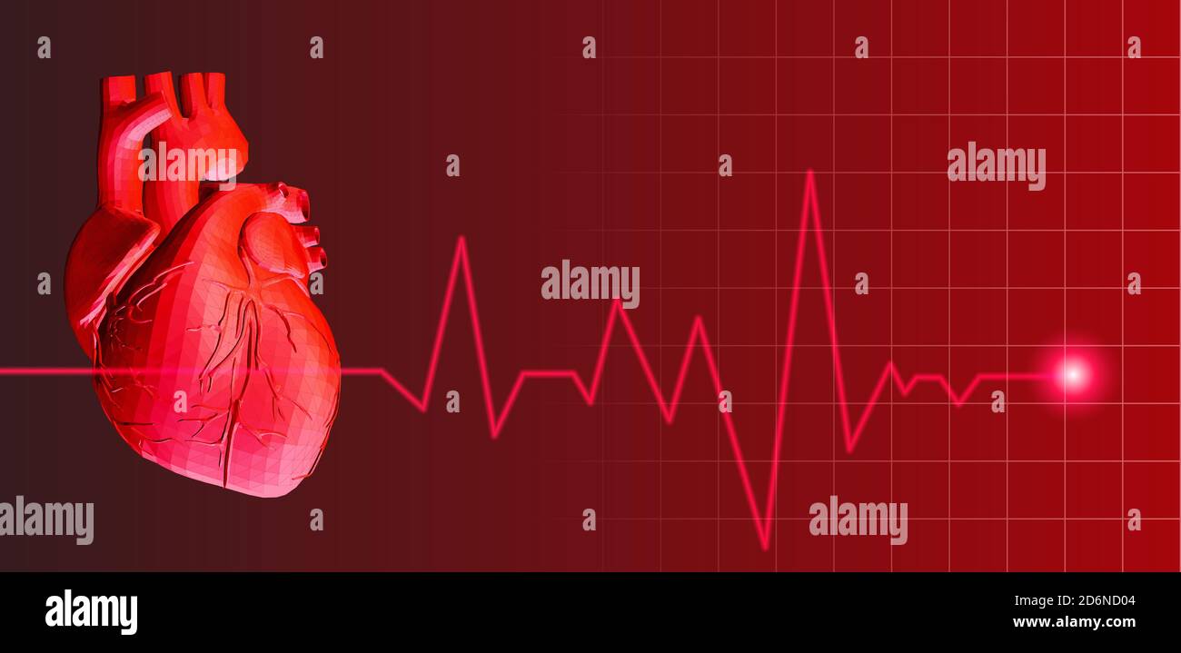 Red human heart illustration with heart rate pulse graph on dark ...
