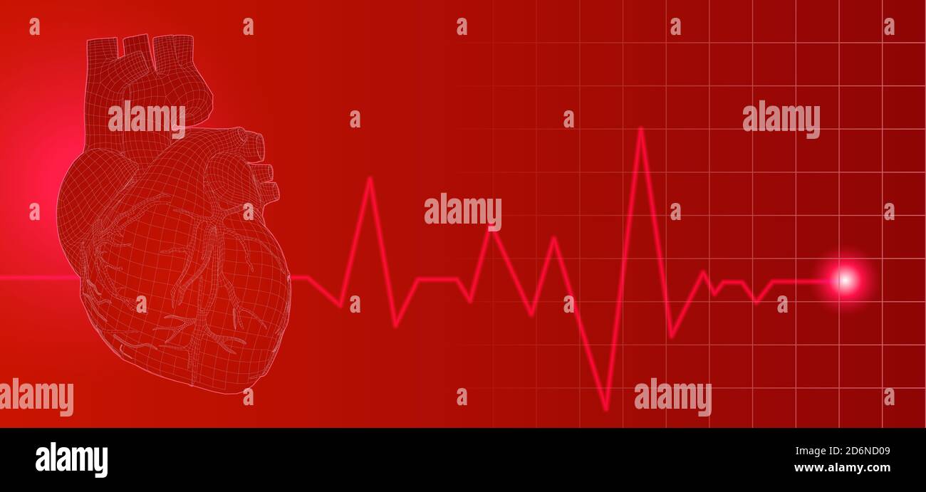 3D wireframe red human heart illustration on dark background with heart ...