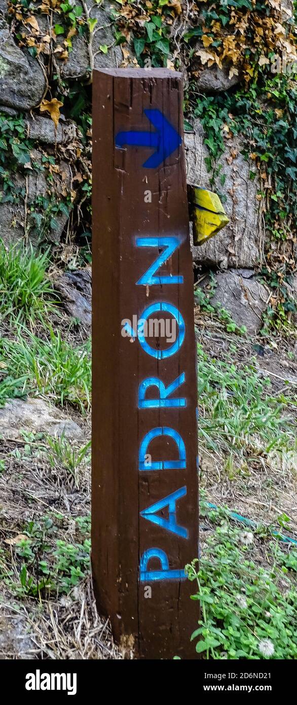 Arrow sign indicating to pilgrims the direction to walk in Saint Jacob ...