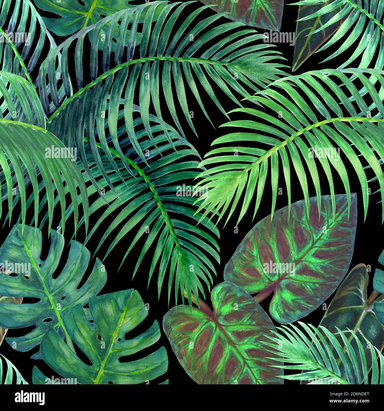 Watercolor abstract summer seamless pattern with bright green tropical ...