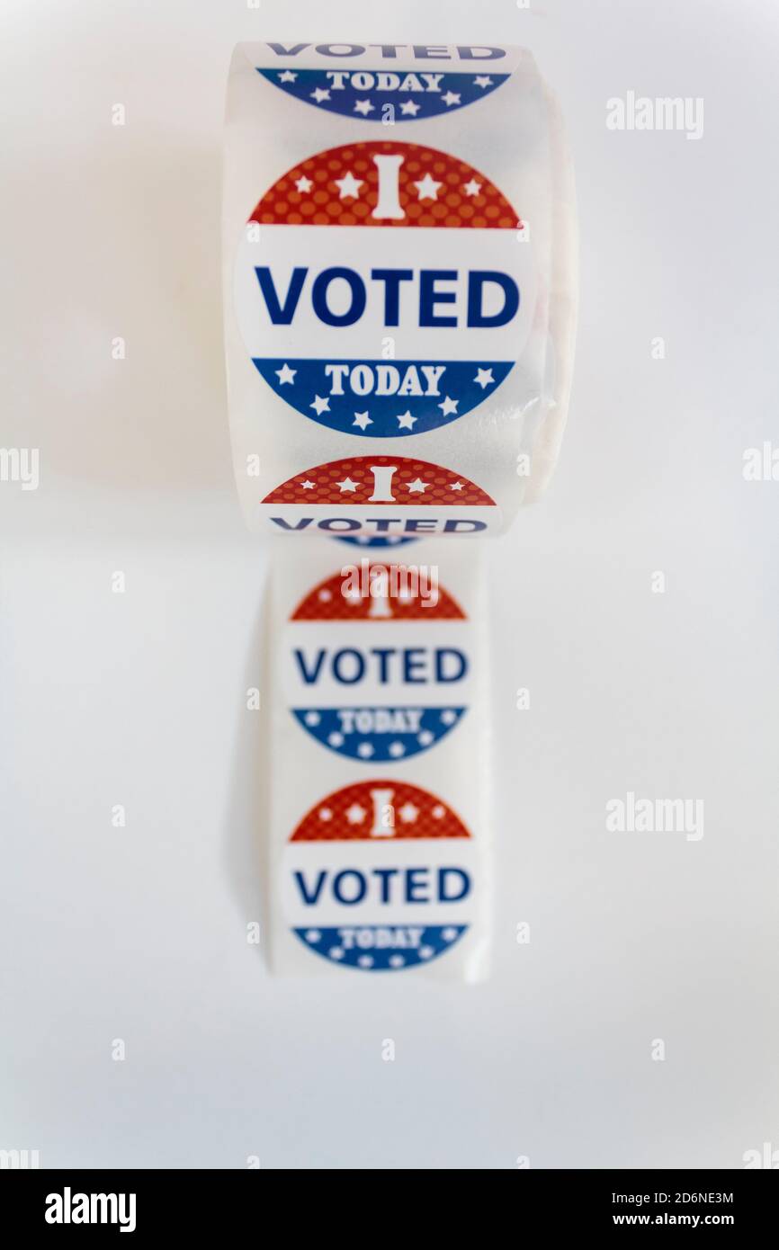 Top view of Roll of I Voted Today stickers on white background. US ...