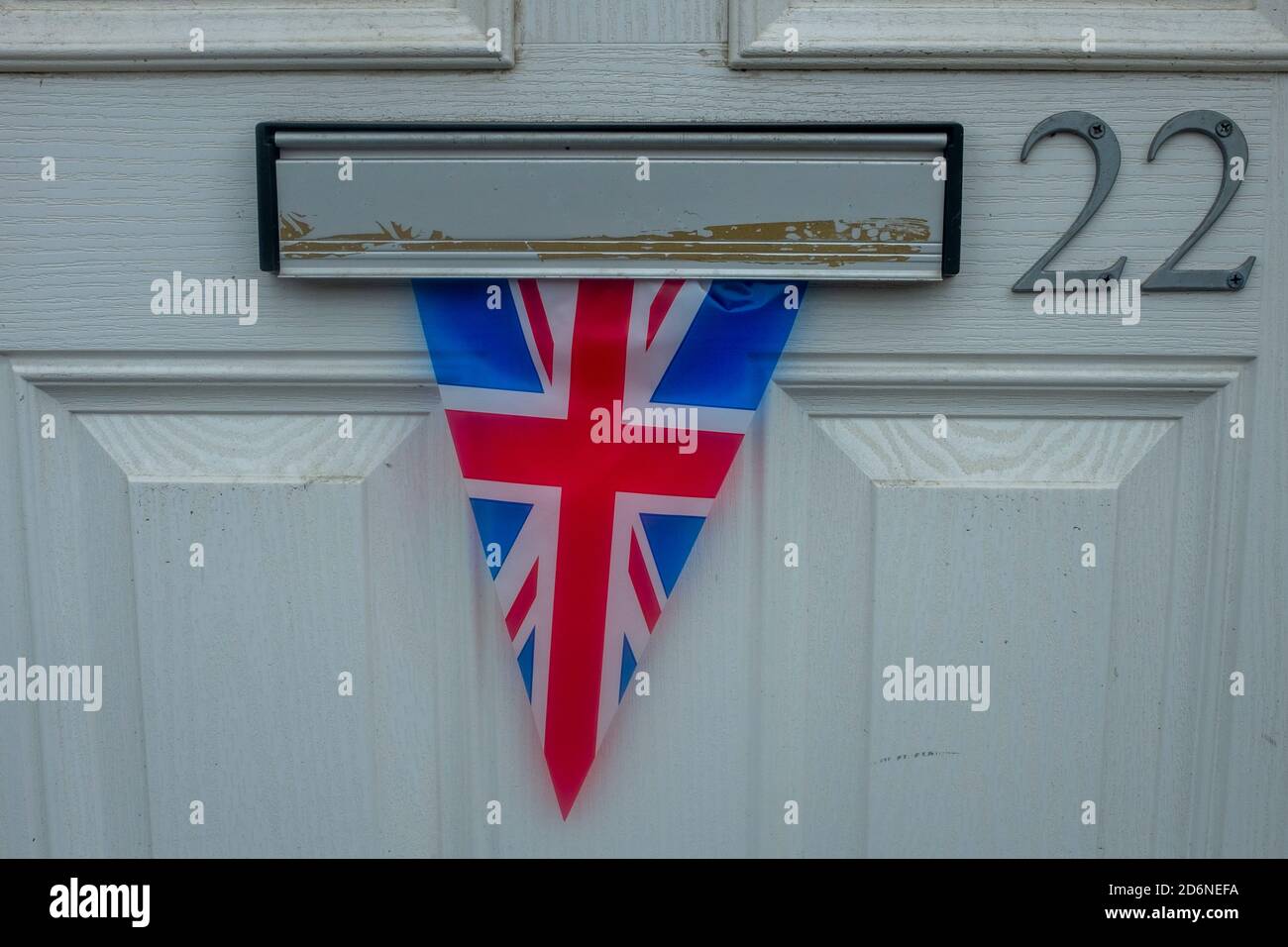 8th May, 2020, Durham. Union Jack front door decoration as part of the ...