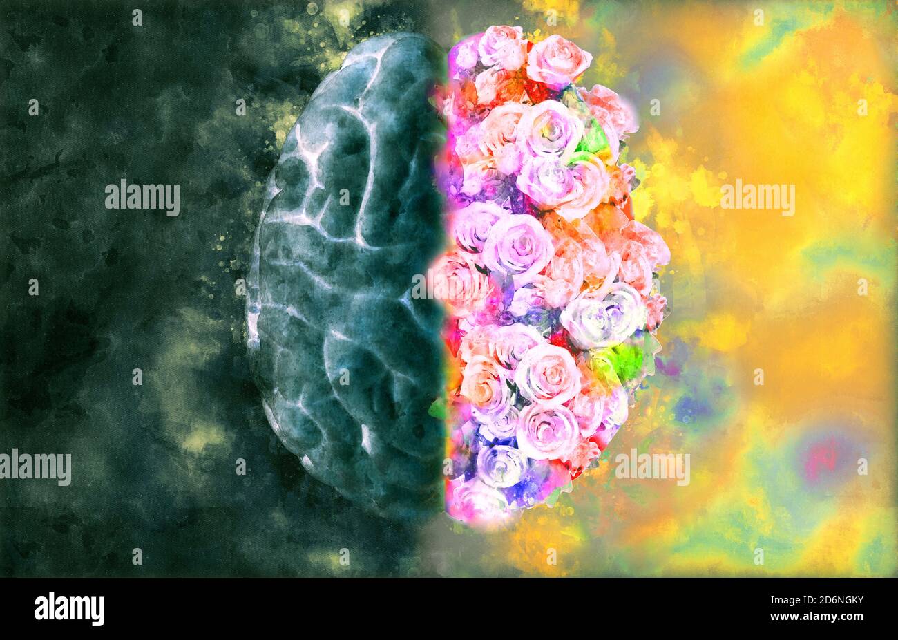 Human brain illustration on top view with monochrome left and full ...
