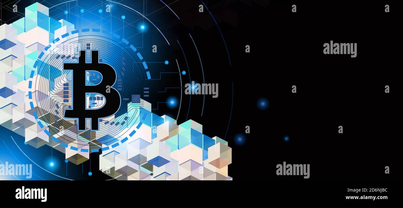 Bitcoin and blockchain technology concept on black template background ...