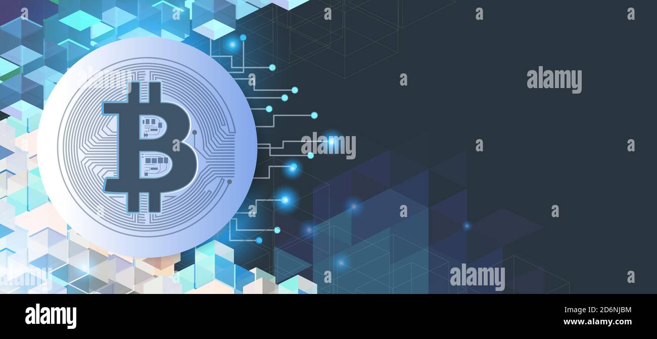 Bitcoin and blockchain technology concept on dark blue template ...