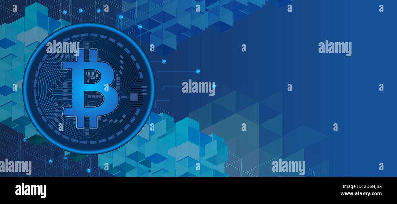 Bitcoin and blockchain technology concept on dark blue template ...