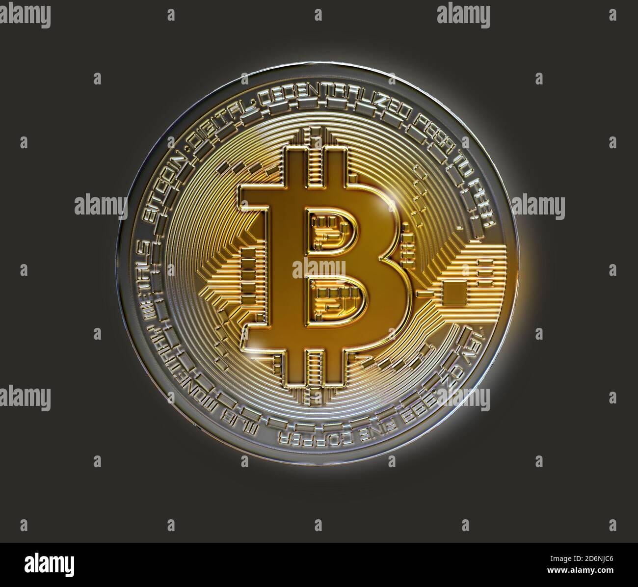 Bitcoin silver mockup 3D rendering turning to gold shining on dark gray ...