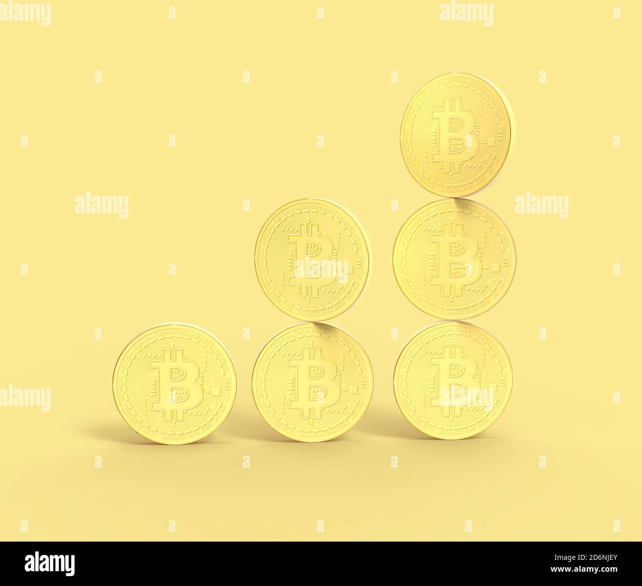 Bitcoin mockup 3D rendering stacking on yellow pastel template ...