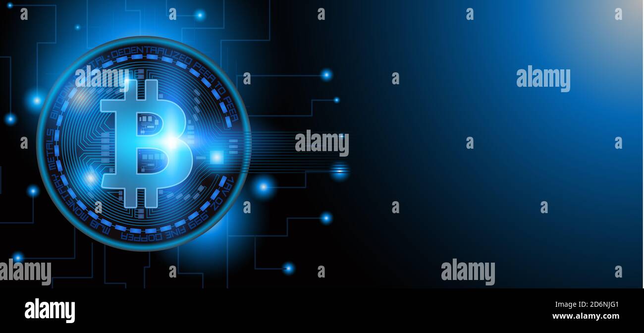 Bitcoin and blockchain technology concept on dark blue template ...