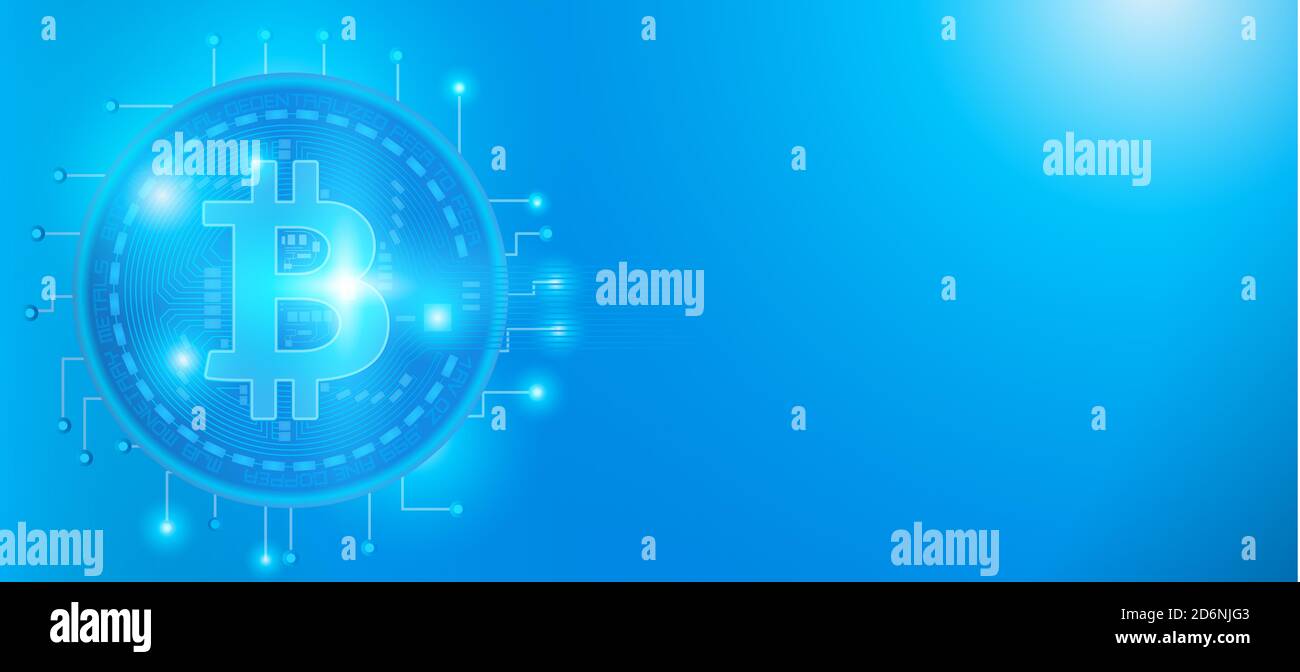 Bitcoin and blockchain technology concept on soft light blue template ...