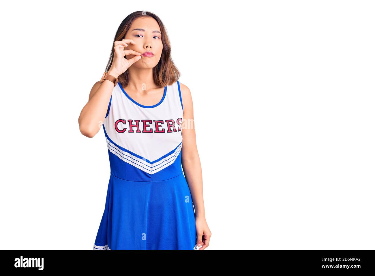 Young Beautiful Chinese Girl Wearing Cheerleader Uniform Mouth And Lips