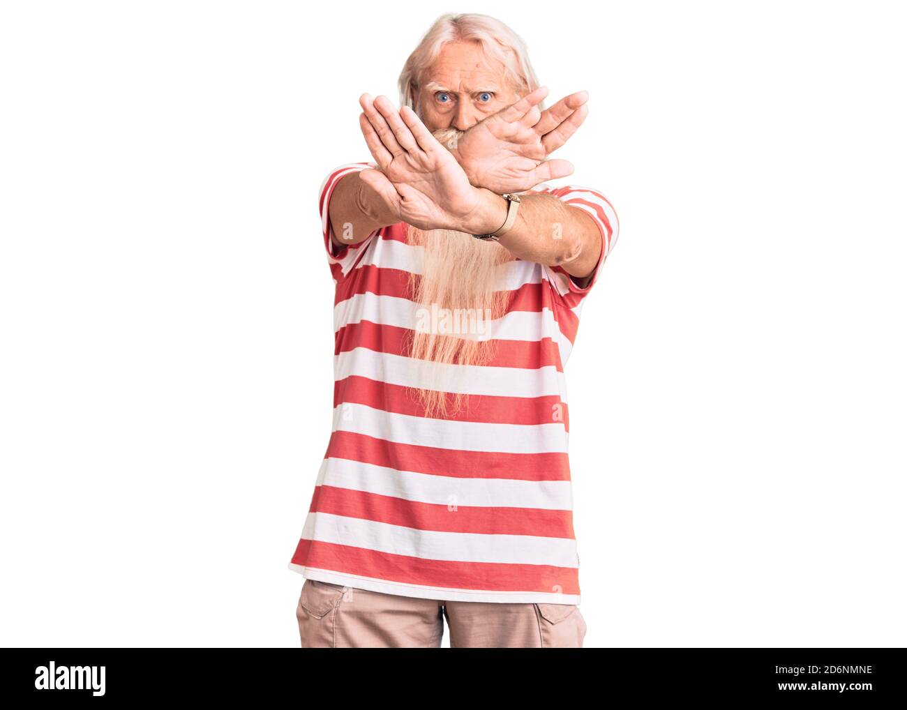 Old senior man with grey hair and long beard wearing striped tshirt ...