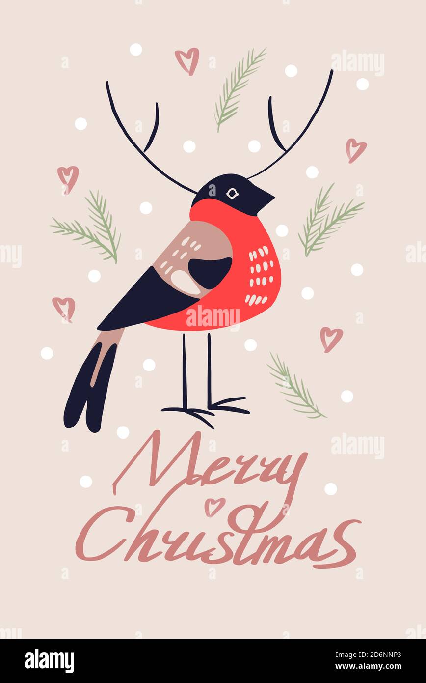 Postcard illustration with Merry Christmas. bullfinch bird cute cartoon ...