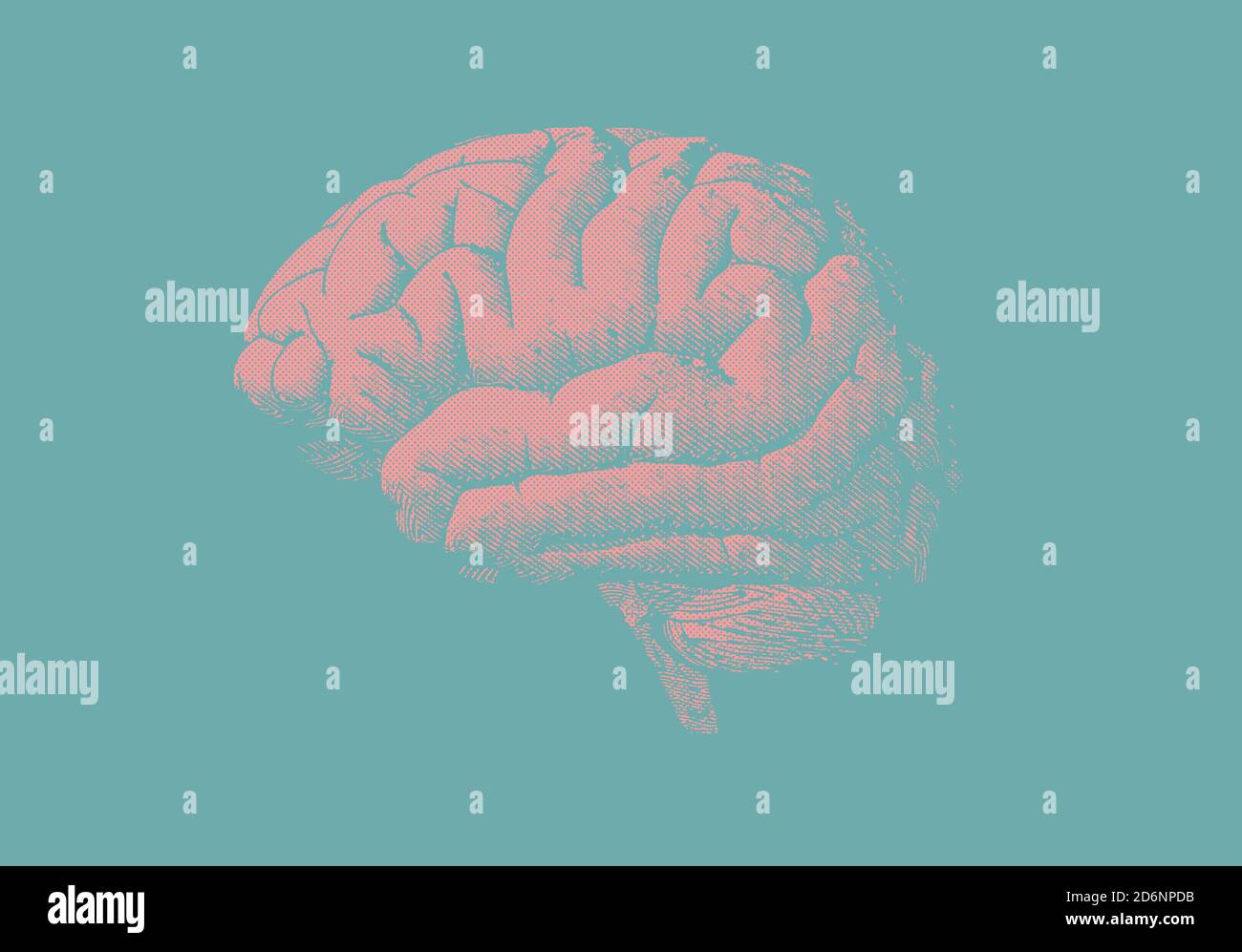 Engraving brain in retro orange color with polkadot on turquoise green ...