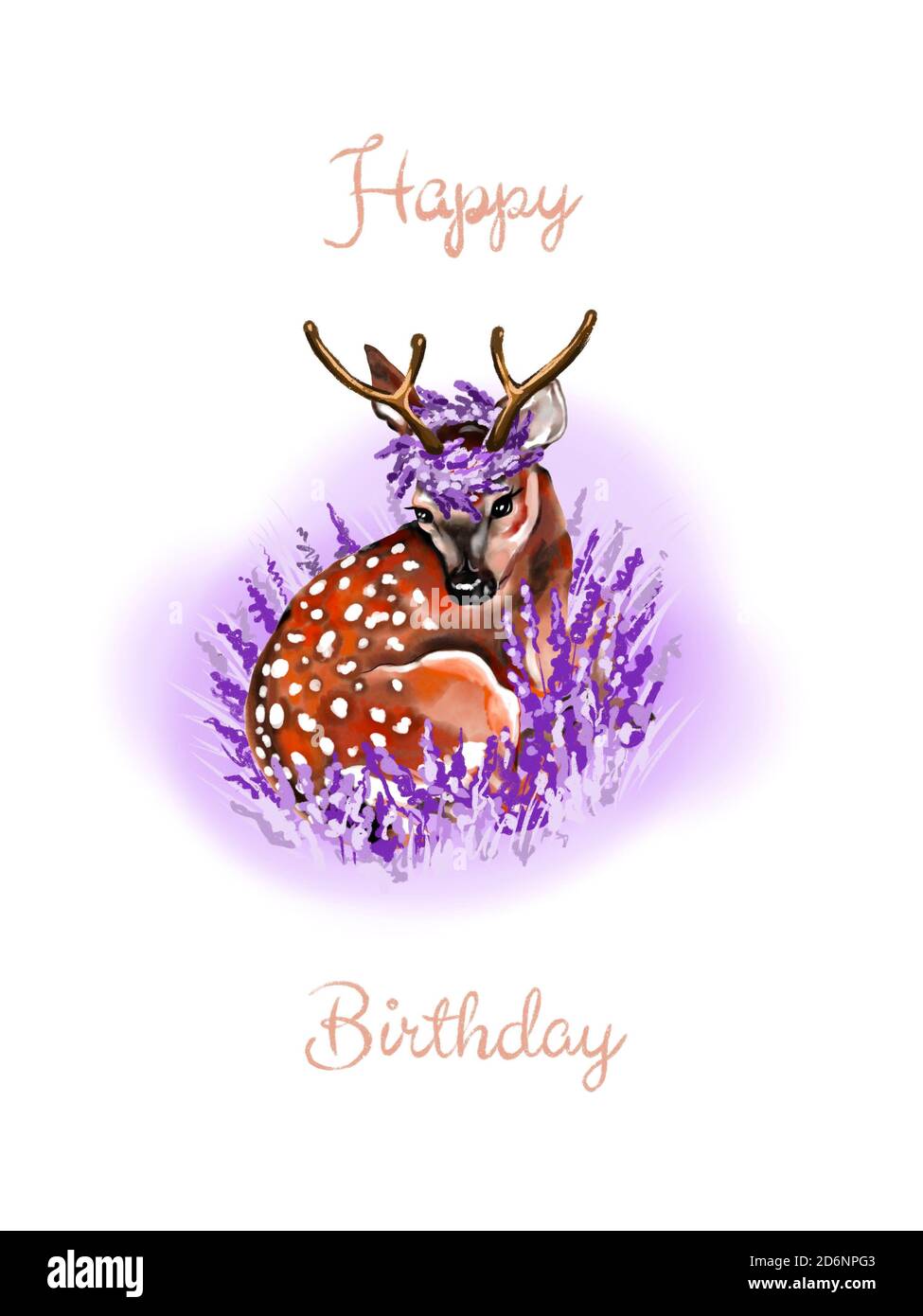 Happy birthday spring/summer postcard. On a white background: baby deer ...