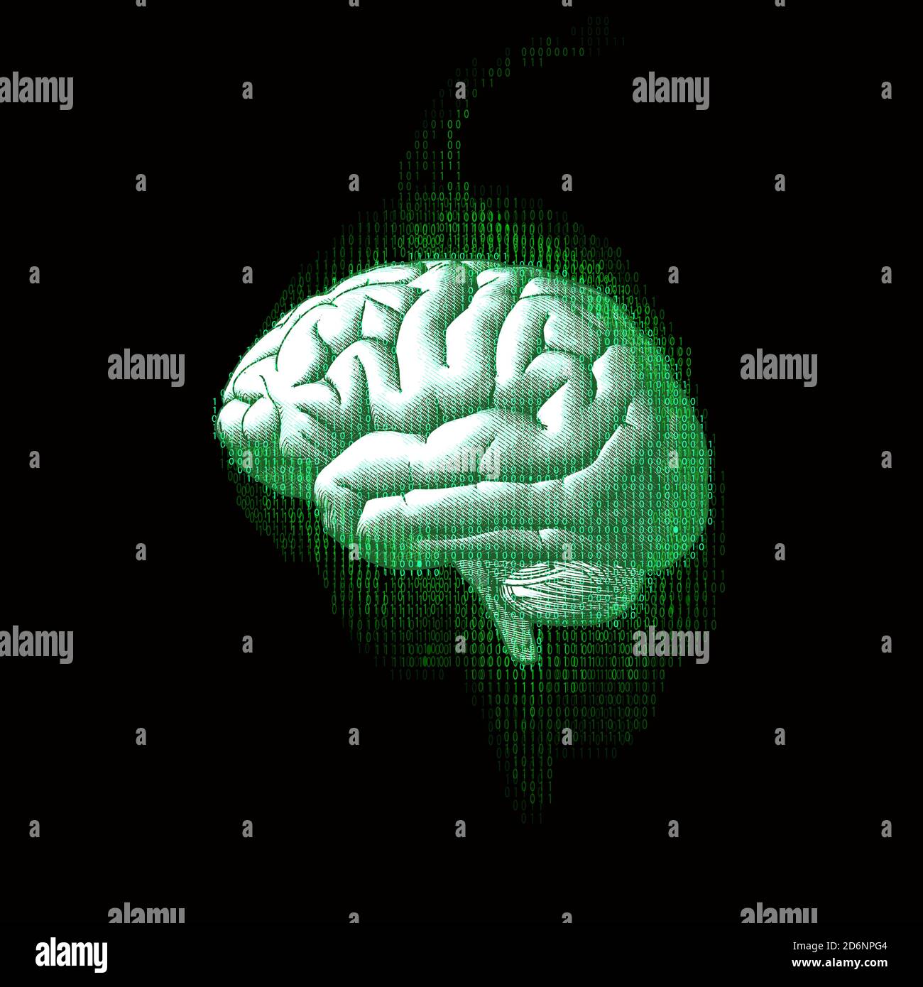 Brain side view with binary digital code AI conceptual in glowing green ...