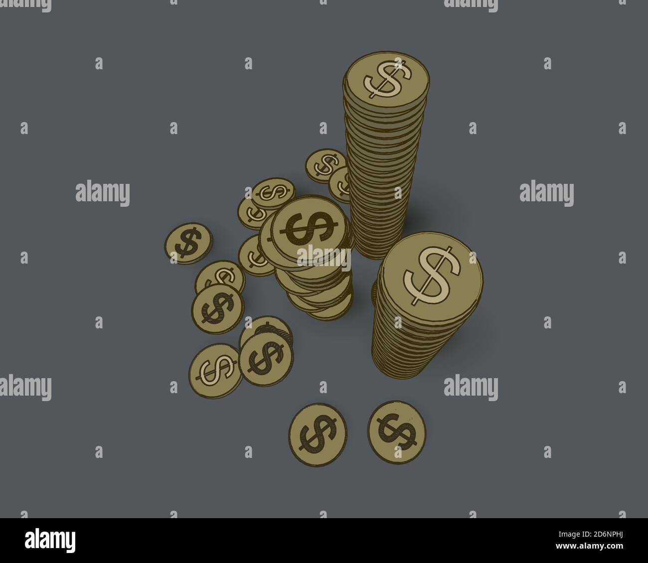 Coin pile set color drawing in top camera view isolated on gray ...