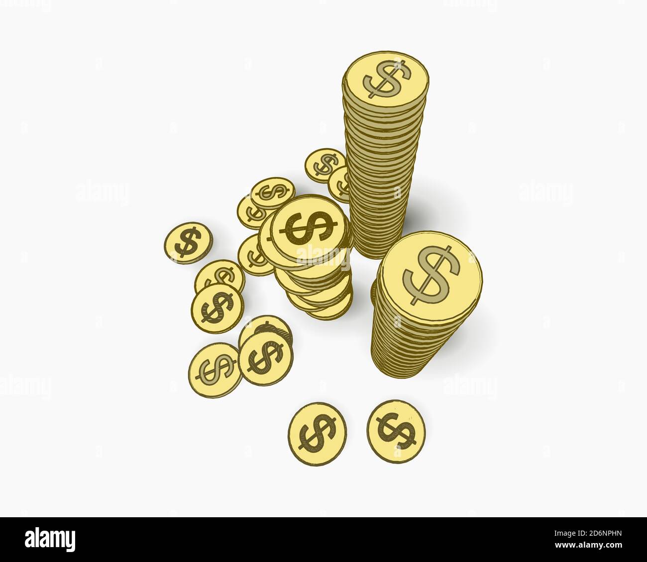Coin pile set color drawing in top camera view isolated on white ...